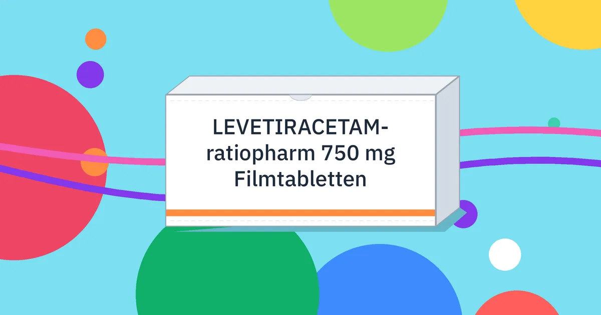 Symbolbild: Packung mit der Aufschrift LEVETIRACETAM-ratiopharm 750 mg Filmtabletten (PZN 08814127) – Verfügbarkeit und Bezug in Apotheken in Frankfurt am Main