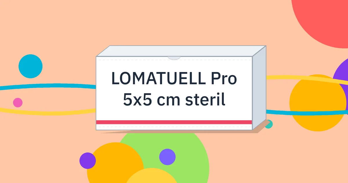 Symbolbild: Packung mit der Aufschrift LOMATUELL Pro 5x5 cm steril (PZN 15420819) – Verfügbarkeit und Bezug in Apotheken in Frankfurt am Main