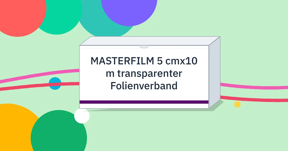 Symbolbild: Packung mit der Aufschrift MASTERFILM 5 cmx10 m transparenter Folienverband (PZN 19720932) – Verfügbarkeit und Bezug in Apotheken in Frankfurt am Main
