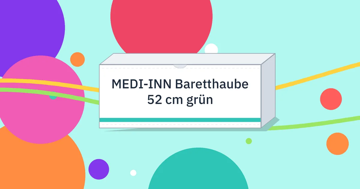 Symbolbild: Packung mit der Aufschrift MEDI-INN Baretthaube 52 cm grün (PZN 10333122) – Verfügbarkeit und Bezug in Apotheken in Frankfurt am Main