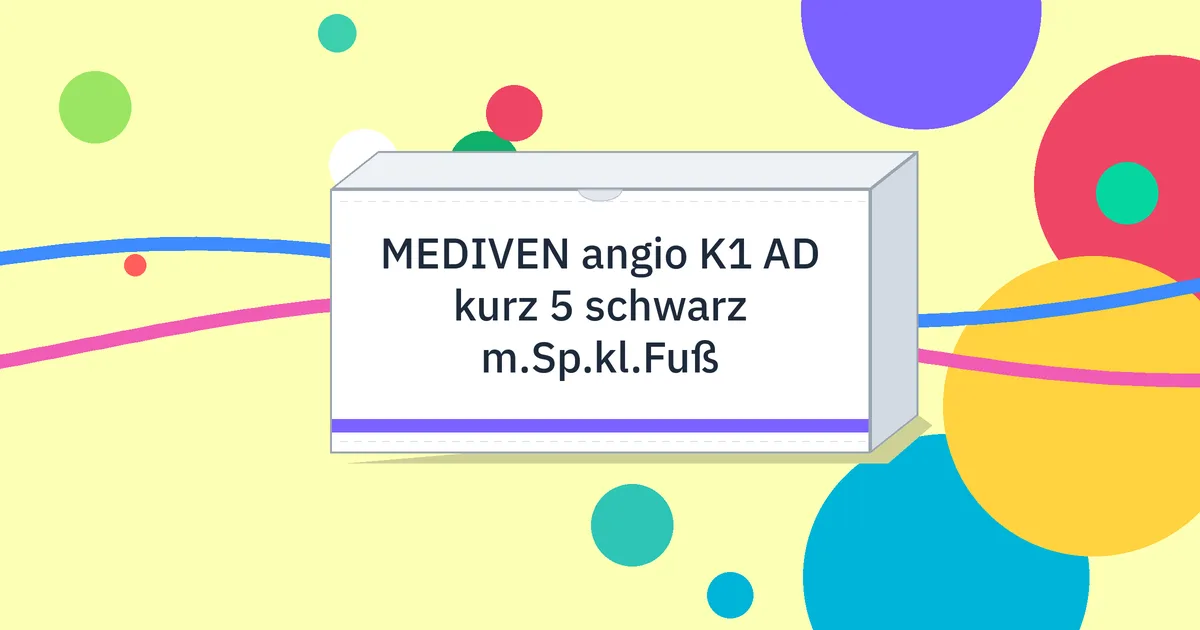 Symbolbild: Packung mit der Aufschrift MEDIVEN angio K1 AD kurz 5 schwarz m.Sp.kl.Fuß (PZN 17210457) – Verfügbarkeit und Bezug in Apotheken in Frankfurt am Main
