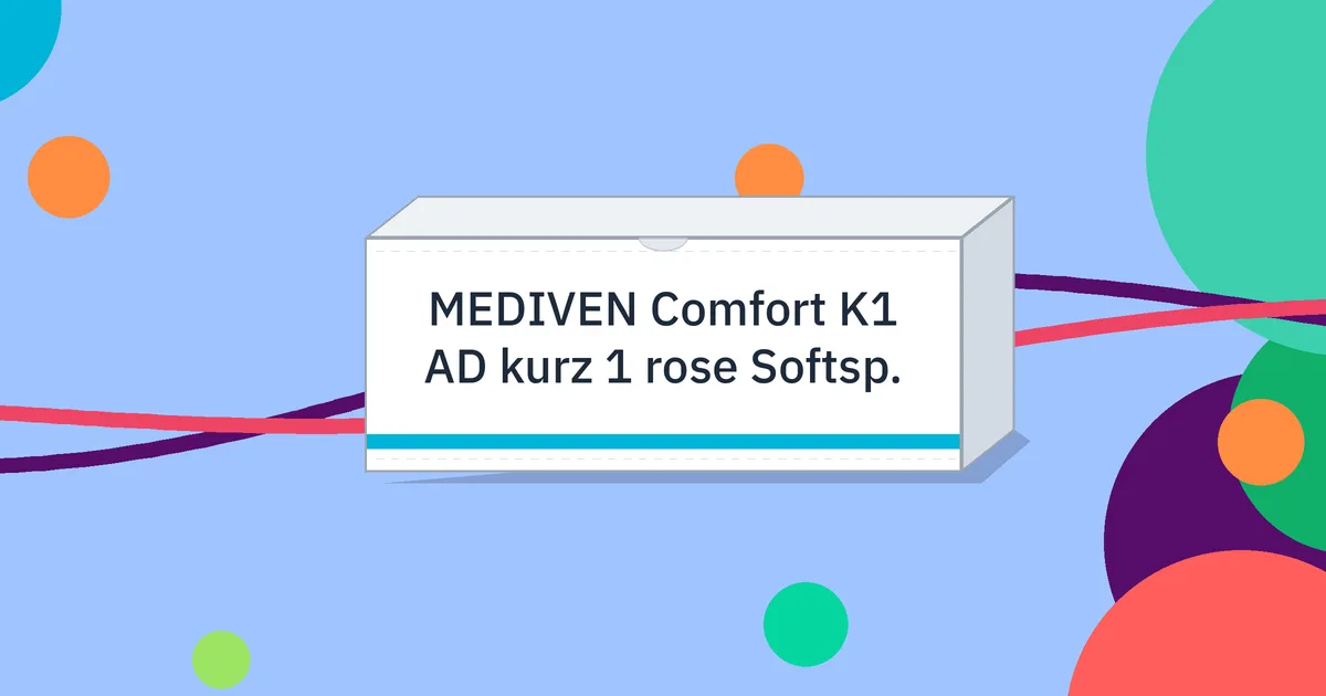 Symbolbild: Packung mit der Aufschrift MEDIVEN Comfort K1 AD kurz 1 rose Softsp. (PZN 14562836) – Verfügbarkeit und Bezug in Apotheken in Frankfurt am Main