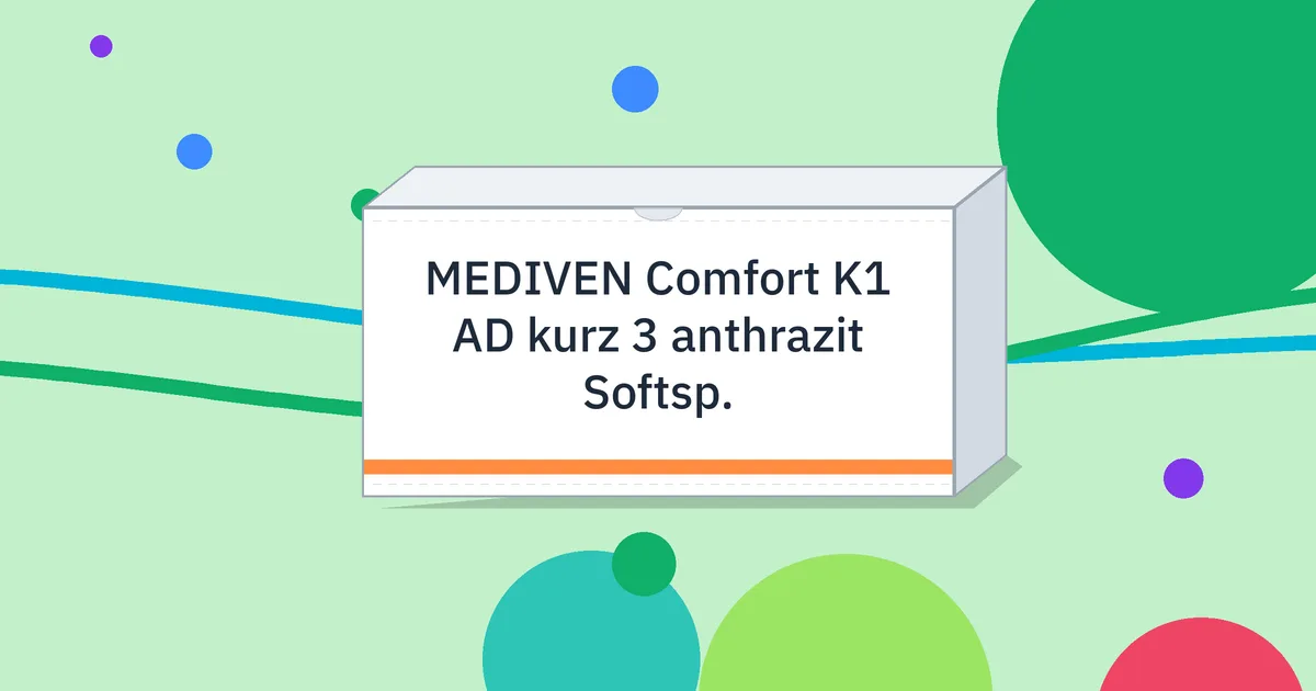 Symbolbild: Packung mit der Aufschrift MEDIVEN Comfort K1 AD kurz 3 anthrazit Softsp. (PZN 14562598) – Verfügbarkeit und Bezug in Apotheken in Frankfurt am Main