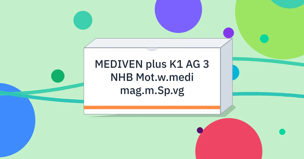Symbolbild: Packung mit der Aufschrift MEDIVEN plus K1 AG 3 NHB Mot.w.medi mag.m.Sp.vg (PZN 15920114) – Verfügbarkeit und Bezug in Apotheken in Frankfurt am Main