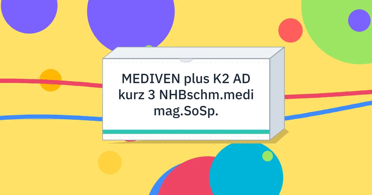 Symbolbild: Packung mit der Aufschrift MEDIVEN plus K2 AD kurz 3 NHBschm.medi mag.SoSp. (PZN 15926795) – Verfügbarkeit und Bezug in Apotheken in Frankfurt am Main