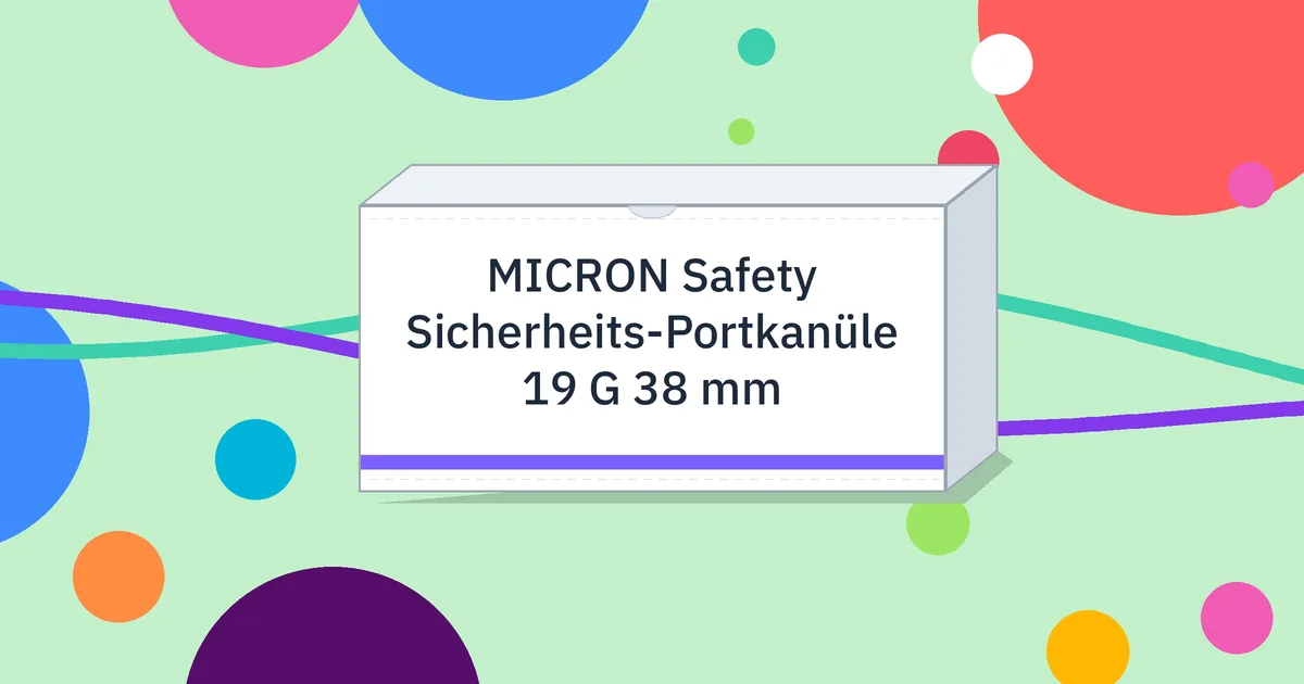 Symbolbild: Packung mit der Aufschrift MICRON Safety Sicherheits-Portkanüle 19 G 38 mm (PZN 19113250) – Verfügbarkeit und Bezug in Apotheken in Frankfurt am Main