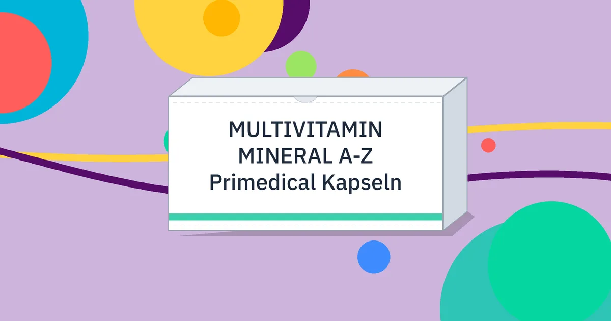 Symbolbild: Packung mit der Aufschrift MULTIVITAMIN MINERAL A-Z Primedical Kapseln (PZN 18797795) – Verfügbarkeit und Bezug in Apotheken in Frankfurt am Main