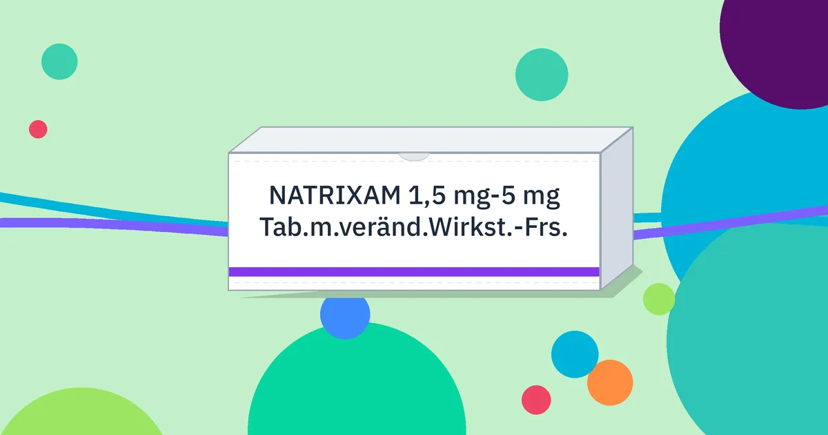 Symbolbild: Packung mit der Aufschrift NATRIXAM 1,5 mg-5 mg Tab.m.veränd.Wirkst.-Frs. (PZN 18254712) – Verfügbarkeit und Bezug in Apotheken in Frankfurt am Main
