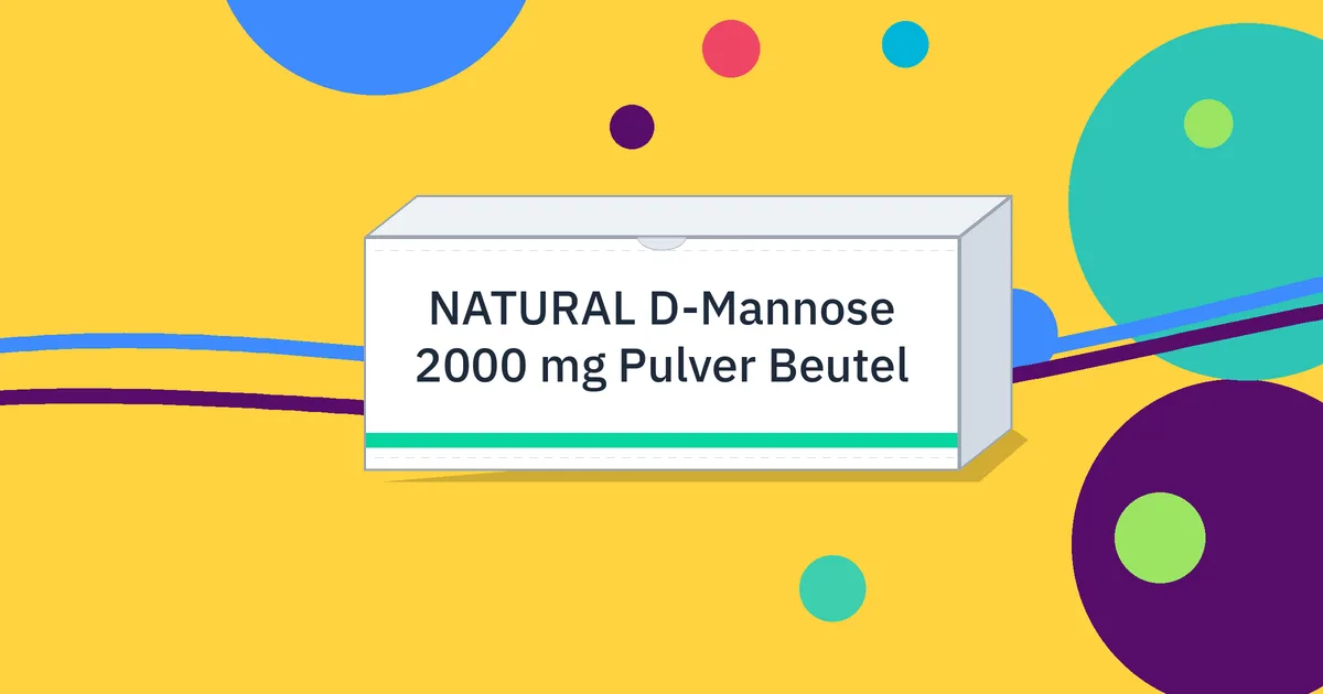 Symbolbild: Packung mit der Aufschrift NATURAL D-Mannose 2000 mg Pulver Beutel (PZN 16144617) – Verfügbarkeit und Bezug in Apotheken in Frankfurt am Main