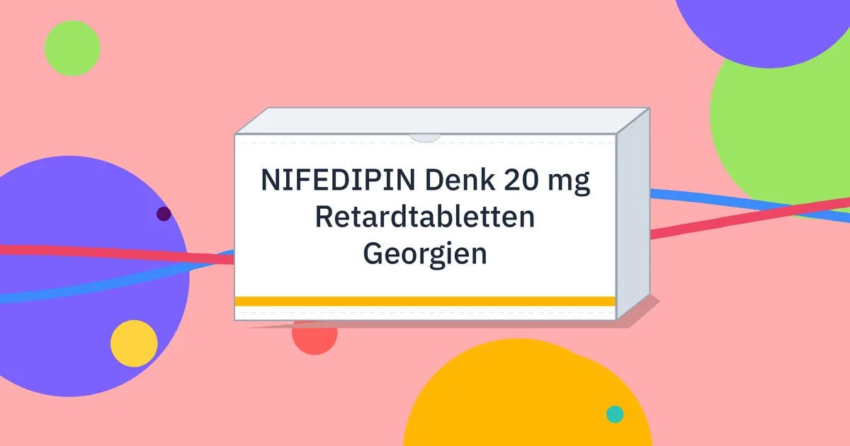 Symbolbild: Packung mit der Aufschrift NIFEDIPIN Denk 20 mg Retardtabletten Georgien (PZN 20702081) – Verfügbarkeit und Bezug in Apotheken in Frankfurt am Main