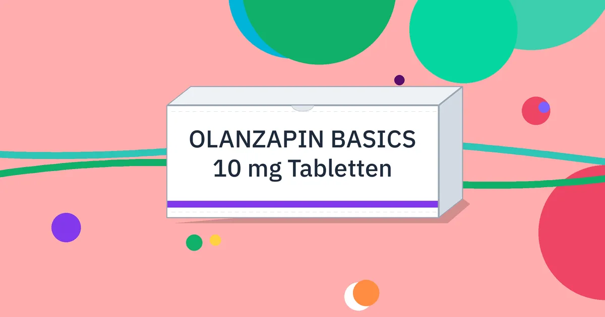 Symbolbild: Packung mit der Aufschrift OLANZAPIN BASICS 10 mg Tabletten (PZN 09060127) – Verfügbarkeit und Bezug in Apotheken in Frankfurt am Main