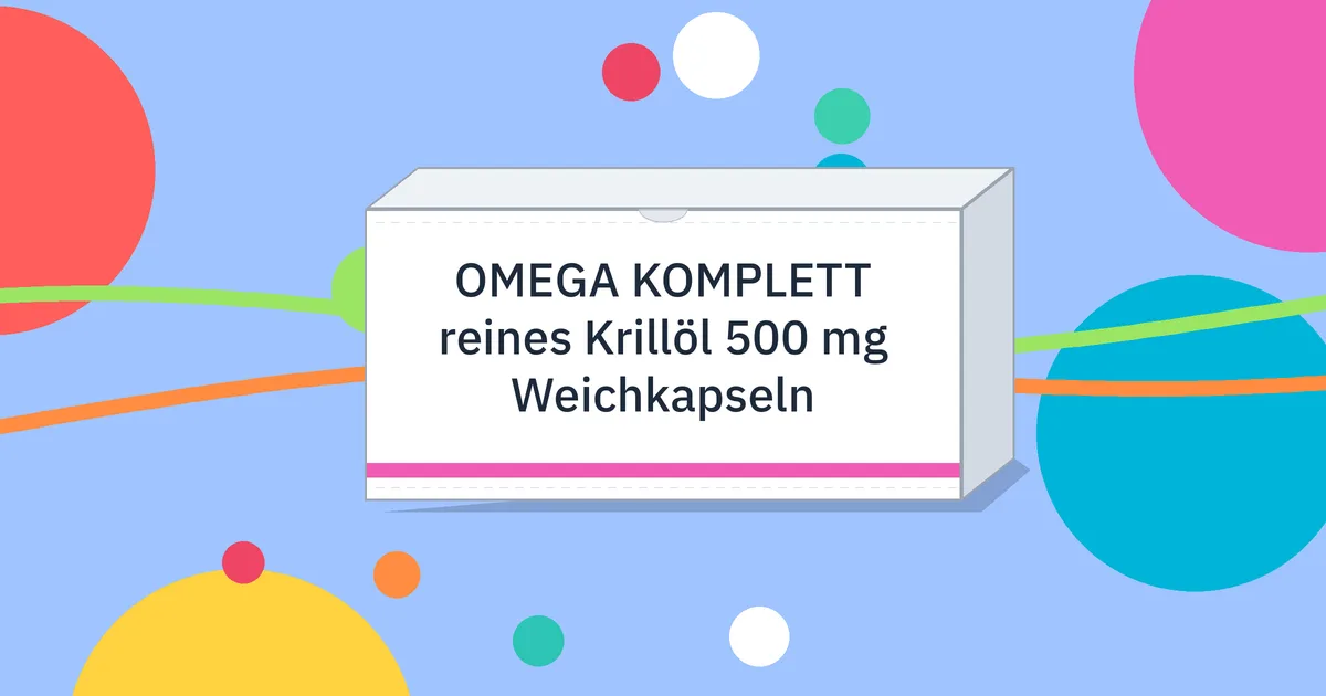Symbolbild: Packung mit der Aufschrift OMEGA KOMPLETT reines Krillöl 500 mg Weichkapseln (PZN 18225053) – Verfügbarkeit und Bezug in Apotheken in Frankfurt am Main