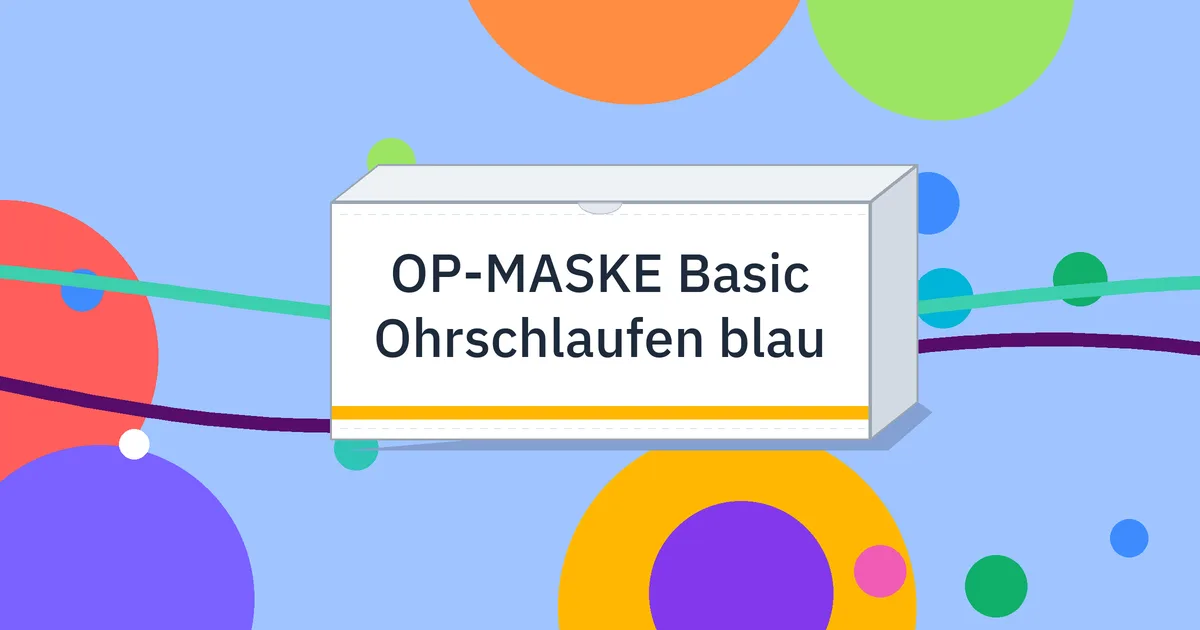 Symbolbild: Packung mit der Aufschrift OP-MASKE Basic Ohrschlaufen blau (PZN 06137792) – Verfügbarkeit und Bezug in Apotheken in Frankfurt am Main
