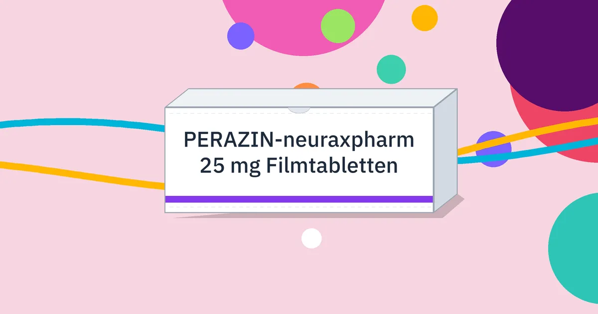 Symbolbild: Packung mit der Aufschrift PERAZIN-neuraxpharm 25 mg Filmtabletten (PZN 06867390) – Verfügbarkeit und Bezug in Apotheken in Frankfurt am Main