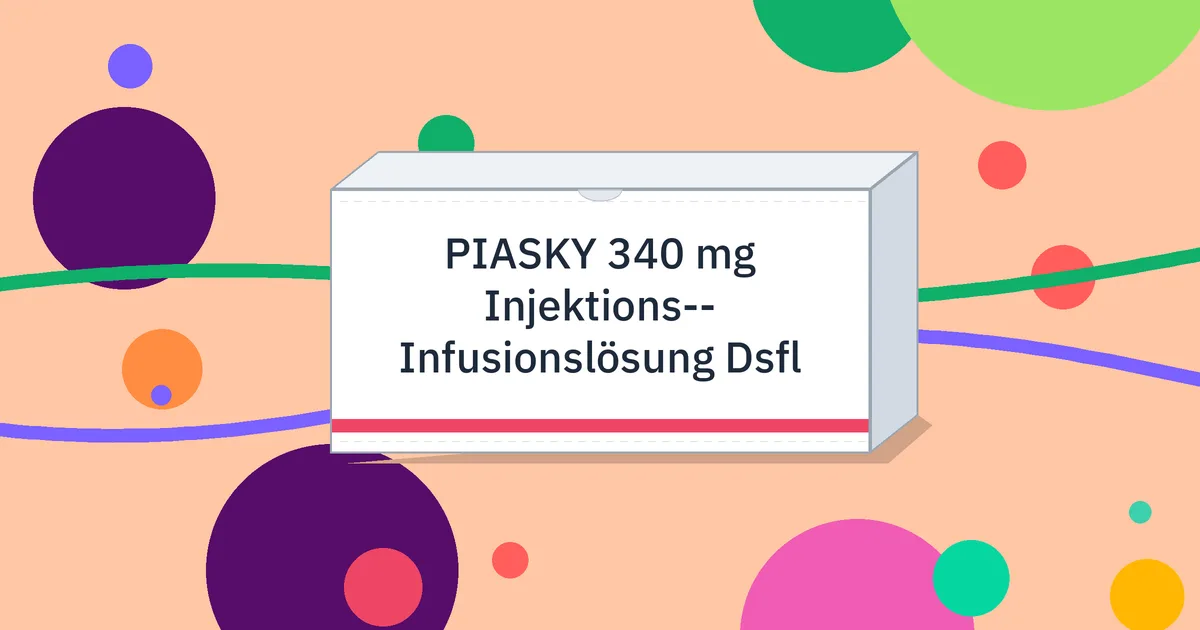 Symbolbild: Packung mit der Aufschrift PIASKY 340 mg Injektions--Infusionslösung Dsfl (PZN 18675069) – Verfügbarkeit und Bezug in Apotheken in Frankfurt am Main