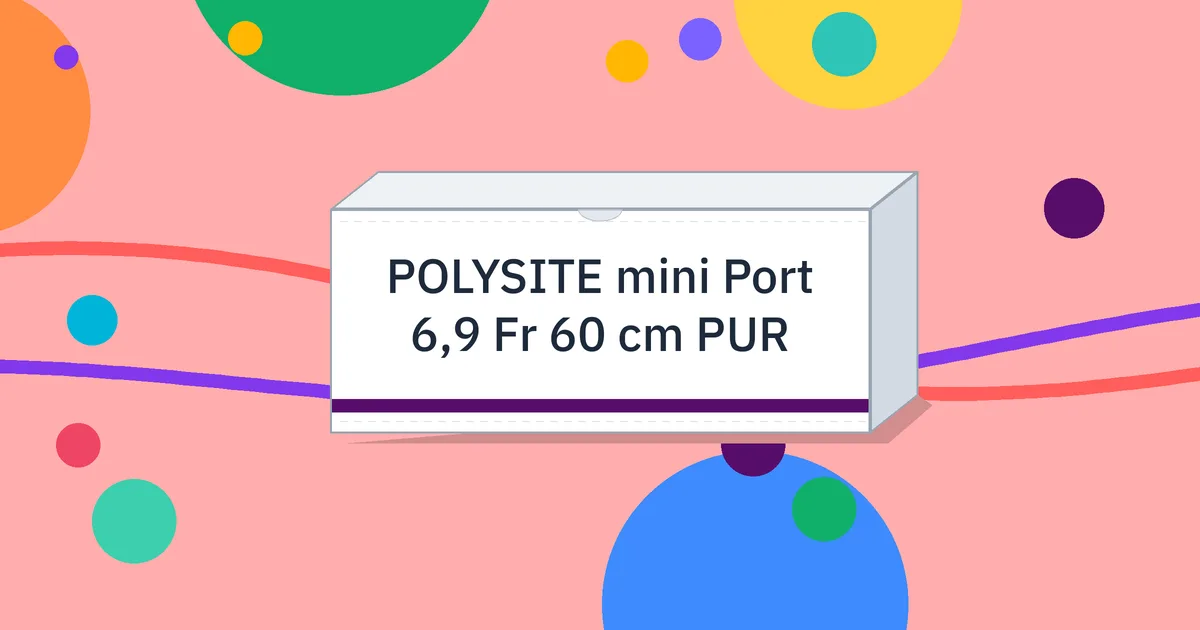 Symbolbild: Packung mit der Aufschrift POLYSITE mini Port 6,9 Fr 60 cm PUR (PZN 12340221) – Verfügbarkeit und Bezug in Apotheken in Frankfurt am Main