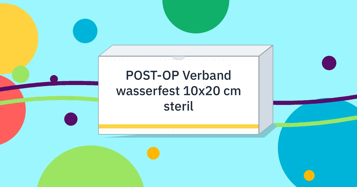 Symbolbild: Packung mit der Aufschrift POST-OP Verband wasserfest 10x20 cm steril (PZN 17562446) – Verfügbarkeit und Bezug in Apotheken in Frankfurt am Main