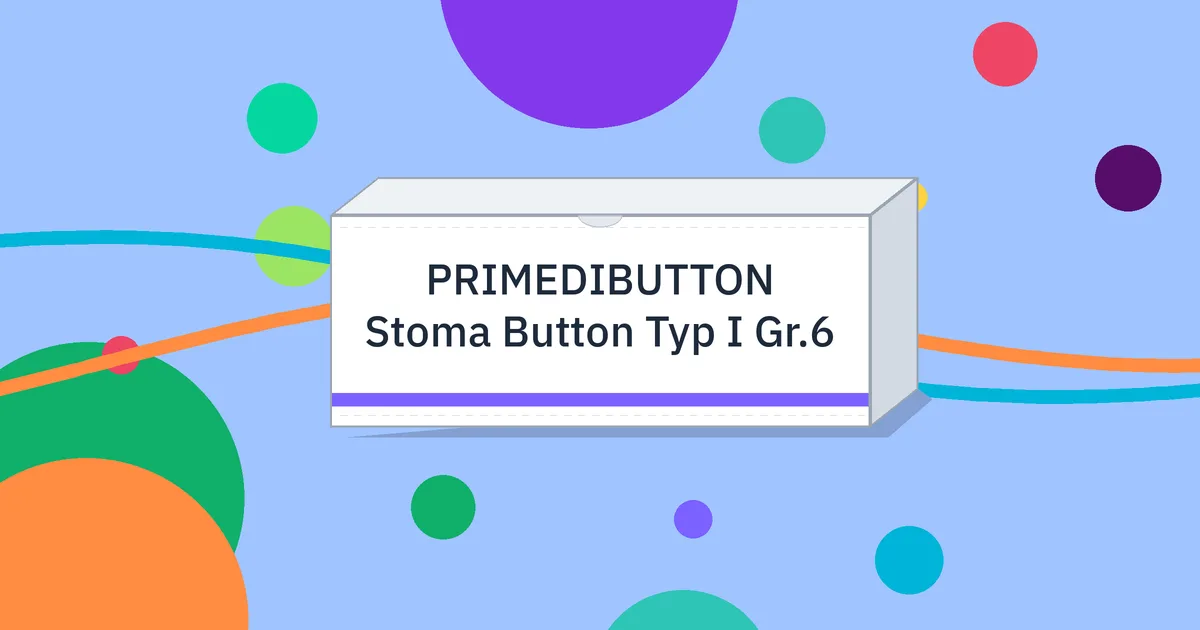 Symbolbild: Packung mit der Aufschrift PRIMEDIBUTTON Stoma Button Typ I Gr.6 (PZN 10791178) – Verfügbarkeit und Bezug in Apotheken in Frankfurt am Main