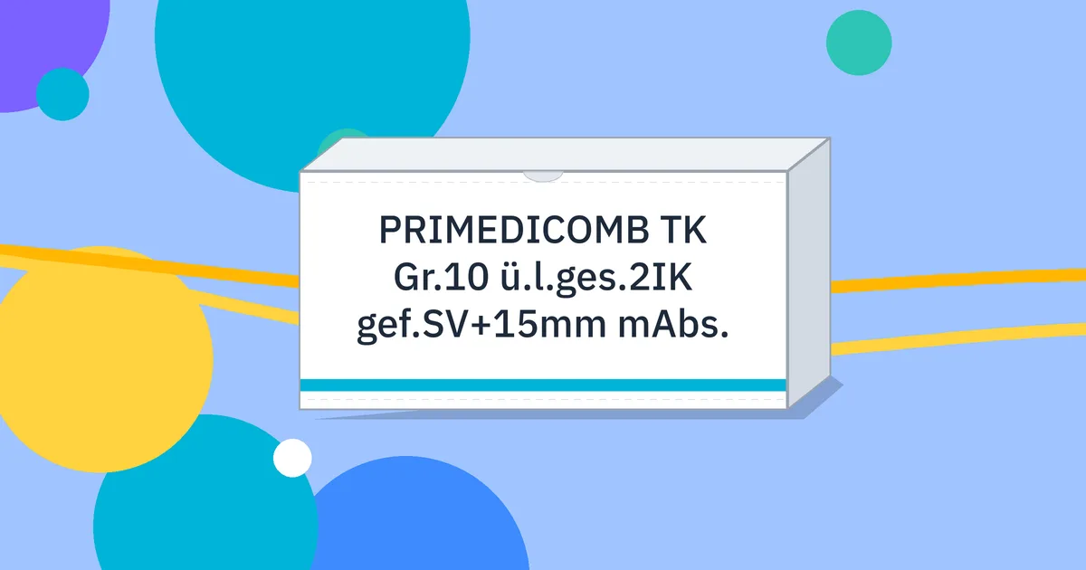 Symbolbild: Packung mit der Aufschrift PRIMEDICOMB TK Gr.10 ü.l.ges.2IK gef.SV+15mm mAbs. (PZN 11375973) – Verfügbarkeit und Bezug in Apotheken in Frankfurt am Main