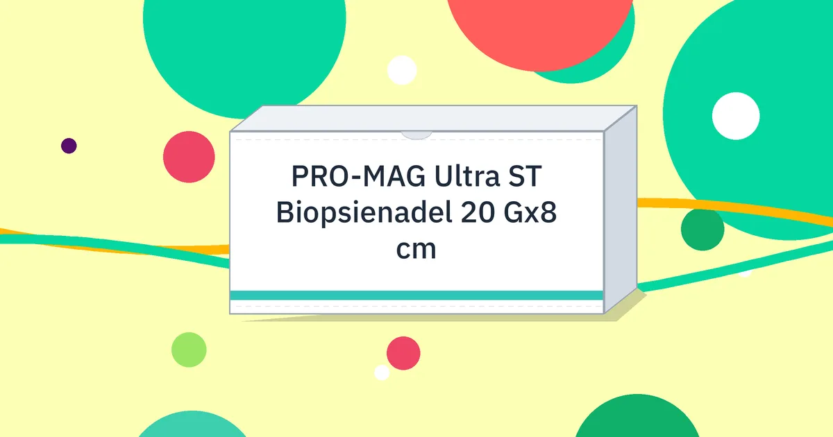 Symbolbild: Packung mit der Aufschrift PRO-MAG Ultra ST Biopsienadel 20 Gx8 cm (PZN 06769032) – Verfügbarkeit und Bezug in Apotheken in Frankfurt am Main