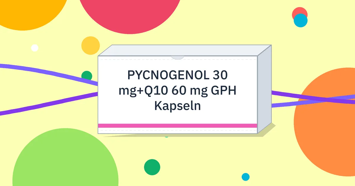 Symbolbild: Packung mit der Aufschrift PYCNOGENOL 30 mg+Q10 60 mg GPH Kapseln (PZN 01160823) – Verfügbarkeit und Bezug in Apotheken in Frankfurt am Main