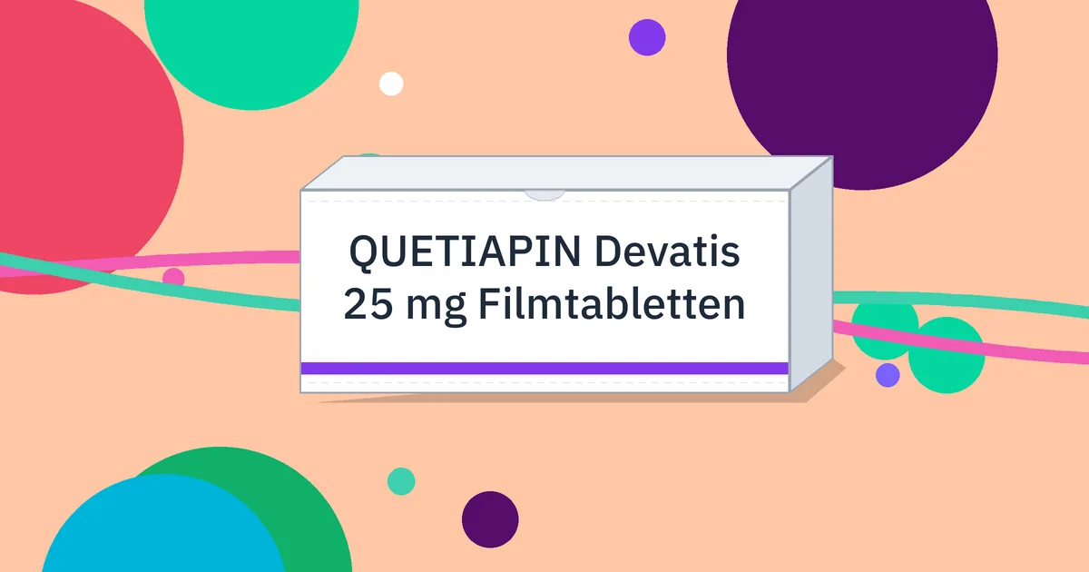Symbolbild: Packung mit der Aufschrift QUETIAPIN Devatis 25 mg Filmtabletten (PZN 11484018) – Verfügbarkeit und Bezug in Apotheken in Frankfurt am Main