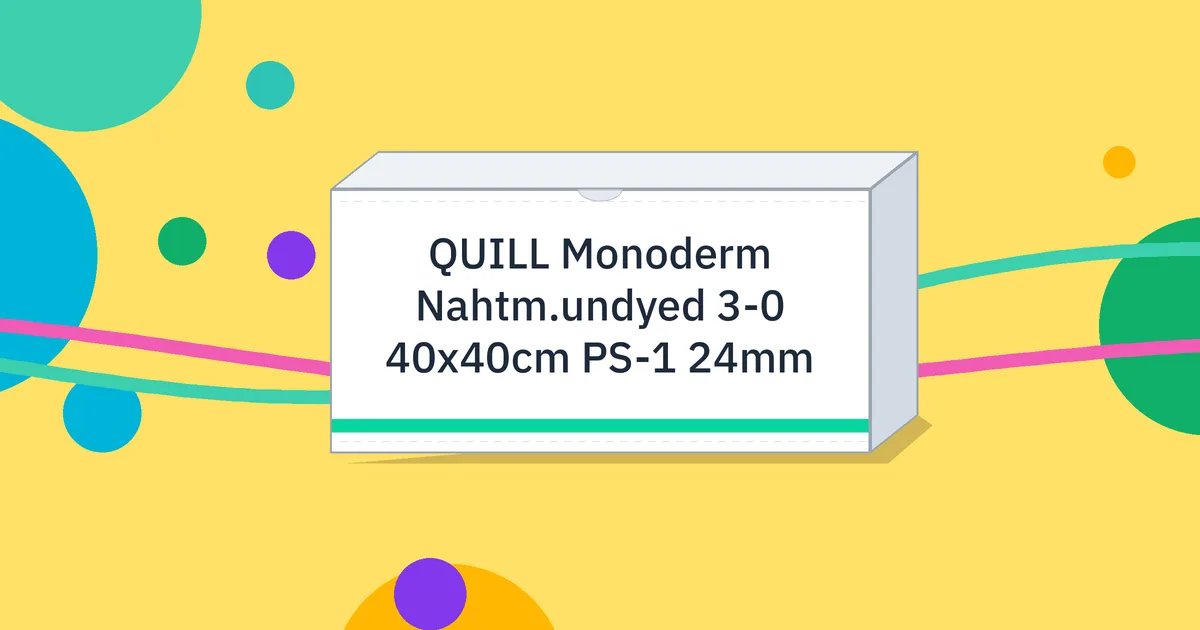 Symbolbild: Packung mit der Aufschrift QUILL Monoderm Nahtm.undyed 3-0 40x40cm PS-1 24mm (PZN 17988949) – Verfügbarkeit und Bezug in Apotheken in Frankfurt am Main