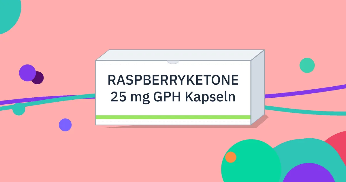 Symbolbild: Packung mit der Aufschrift RASPBERRYKETONE 25 mg GPH Kapseln (PZN 10977546) – Verfügbarkeit und Bezug in Apotheken in Frankfurt am Main