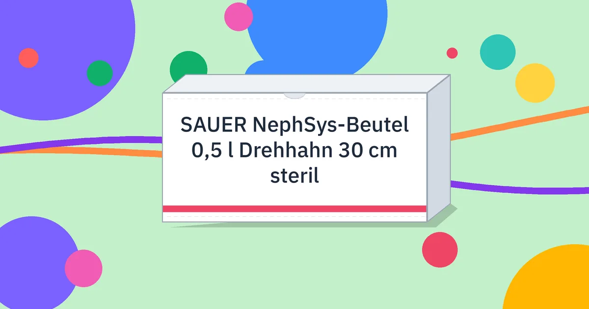 Symbolbild: Packung mit der Aufschrift SAUER NephSys-Beutel 0,5 l Drehhahn 30 cm steril (PZN 18154896) – Verfügbarkeit und Bezug in Apotheken in Frankfurt am Main