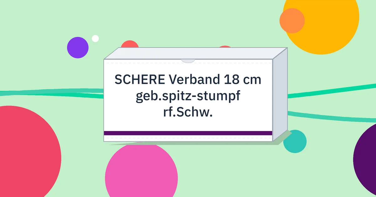 Symbolbild: Packung mit der Aufschrift SCHERE Verband 18 cm geb.spitz-stumpf rf.Schw. (PZN 10915597) – Verfügbarkeit und Bezug in Apotheken in Frankfurt am Main