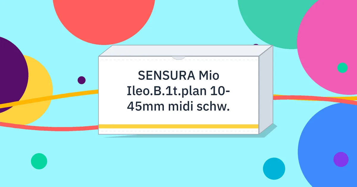 Symbolbild: Packung mit der Aufschrift SENSURA Mio Ileo.B.1t.plan 10-45mm midi schw. (PZN 19273479) – Verfügbarkeit und Bezug in Apotheken in Frankfurt am Main