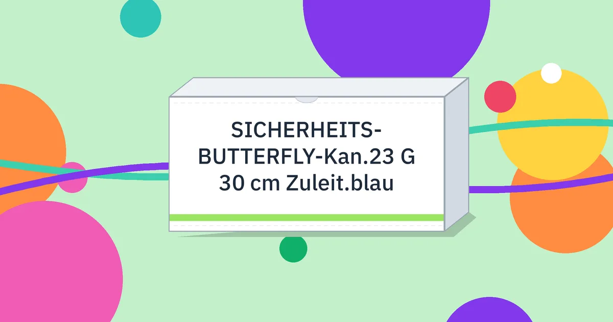 Symbolbild: Packung mit der Aufschrift SICHERHEITS-BUTTERFLY-Kan.23 G 30 cm Zuleit.blau (PZN 15822469) – Verfügbarkeit und Bezug in Apotheken in Frankfurt am Main