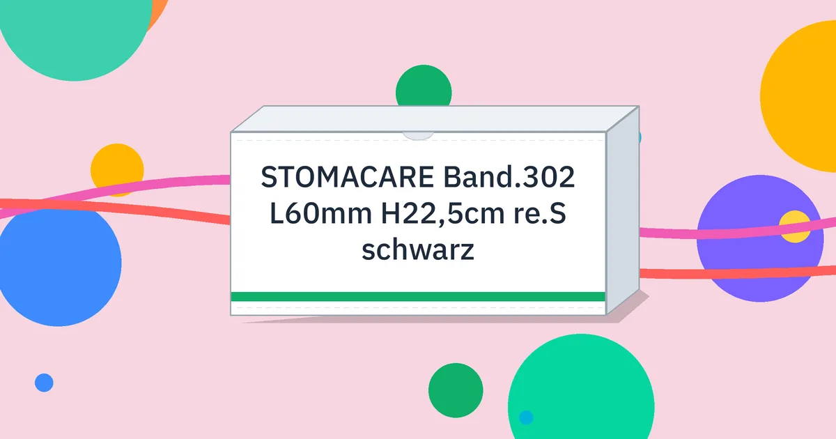 Symbolbild: Packung mit der Aufschrift STOMACARE Band.302 L60mm H22,5cm re.S schwarz (PZN 10840971) – Verfügbarkeit und Bezug in Apotheken in Frankfurt am Main