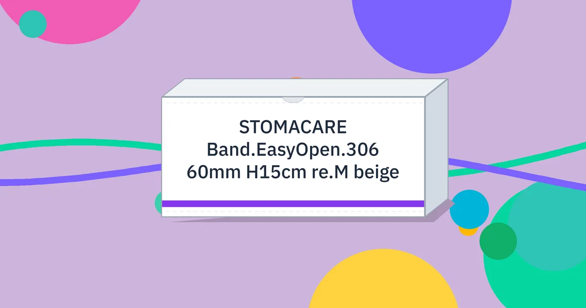 Symbolbild: Packung mit der Aufschrift STOMACARE Band.EasyOpen.306 60mm H15cm re.M beige (PZN 07665576) – Verfügbarkeit und Bezug in Apotheken in Frankfurt am Main