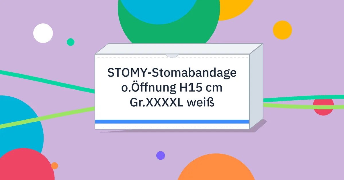 Symbolbild: Packung mit der Aufschrift STOMY-Stomabandage o.Öffnung H15 cm Gr.XXXXL weiß (PZN 16751375) – Verfügbarkeit und Bezug in Apotheken in Frankfurt am Main