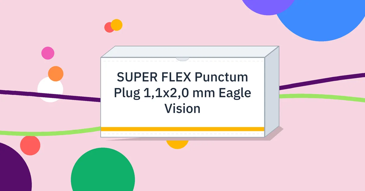 Symbolbild: Packung mit der Aufschrift SUPER FLEX Punctum Plug 1,1x2,0 mm Eagle Vision (PZN 10929228) – Verfügbarkeit und Bezug in Apotheken in Frankfurt am Main