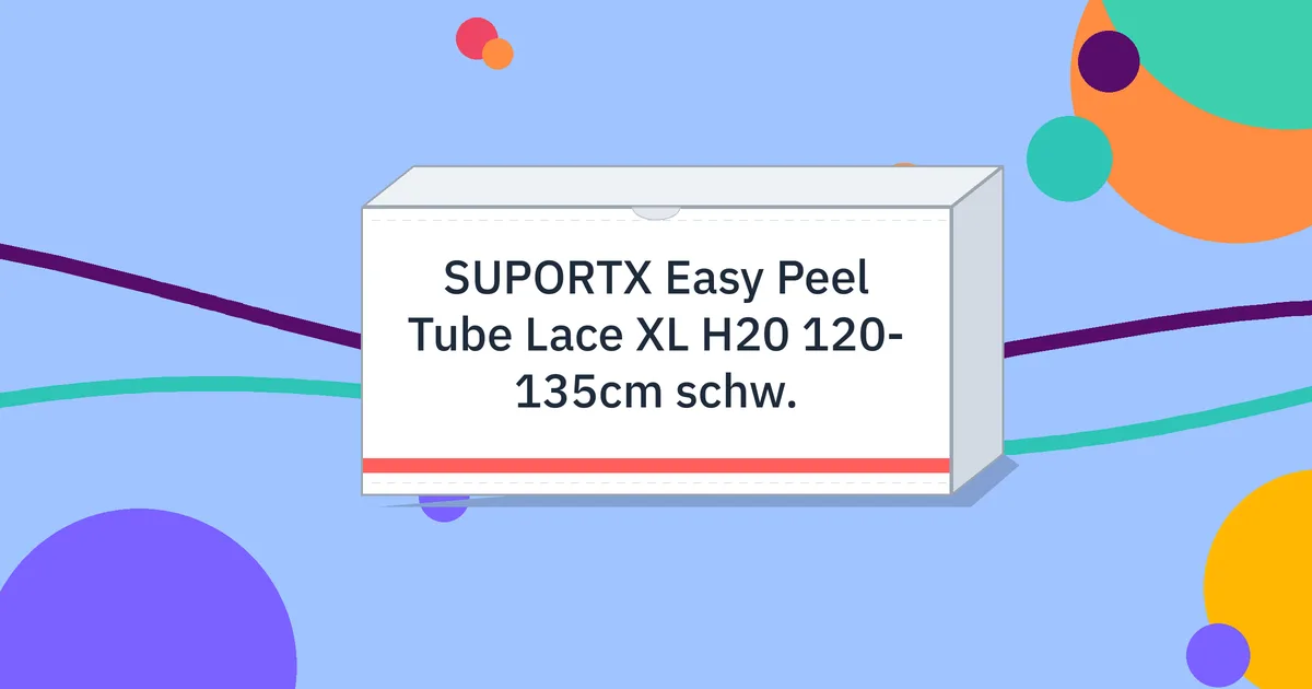 Symbolbild: Packung mit der Aufschrift SUPORTX Easy Peel Tube Lace XL H20 120-135cm schw. (PZN 09487067) – Verfügbarkeit und Bezug in Apotheken in Frankfurt am Main
