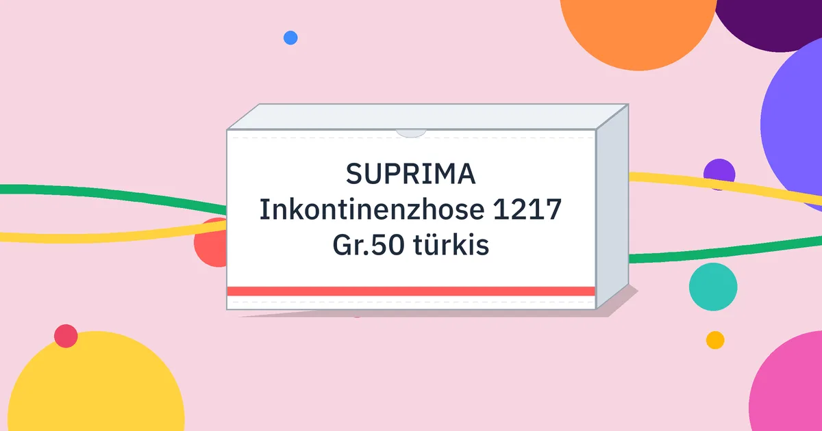 Symbolbild: Packung mit der Aufschrift SUPRIMA Inkontinenzhose 1217 Gr.50 türkis (PZN 19174547) – Verfügbarkeit und Bezug in Apotheken in Frankfurt am Main