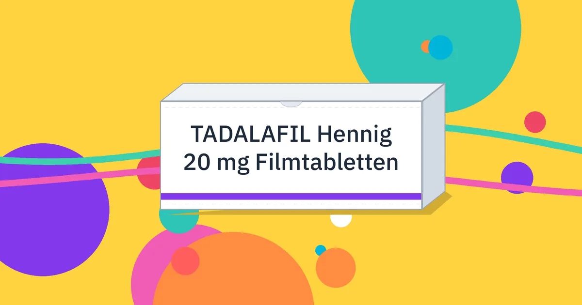 Symbolbild: Packung mit der Aufschrift TADALAFIL Hennig 20 mg Filmtabletten (PZN 12897840) – Verfügbarkeit und Bezug in Apotheken in Frankfurt am Main