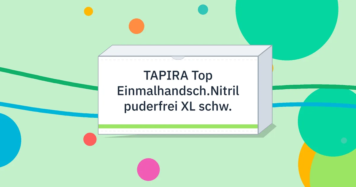 Symbolbild: Packung mit der Aufschrift TAPIRA Top Einmalhandsch.Nitril puderfrei XL schw. (PZN 19160775) – Verfügbarkeit und Bezug in Apotheken in Frankfurt am Main