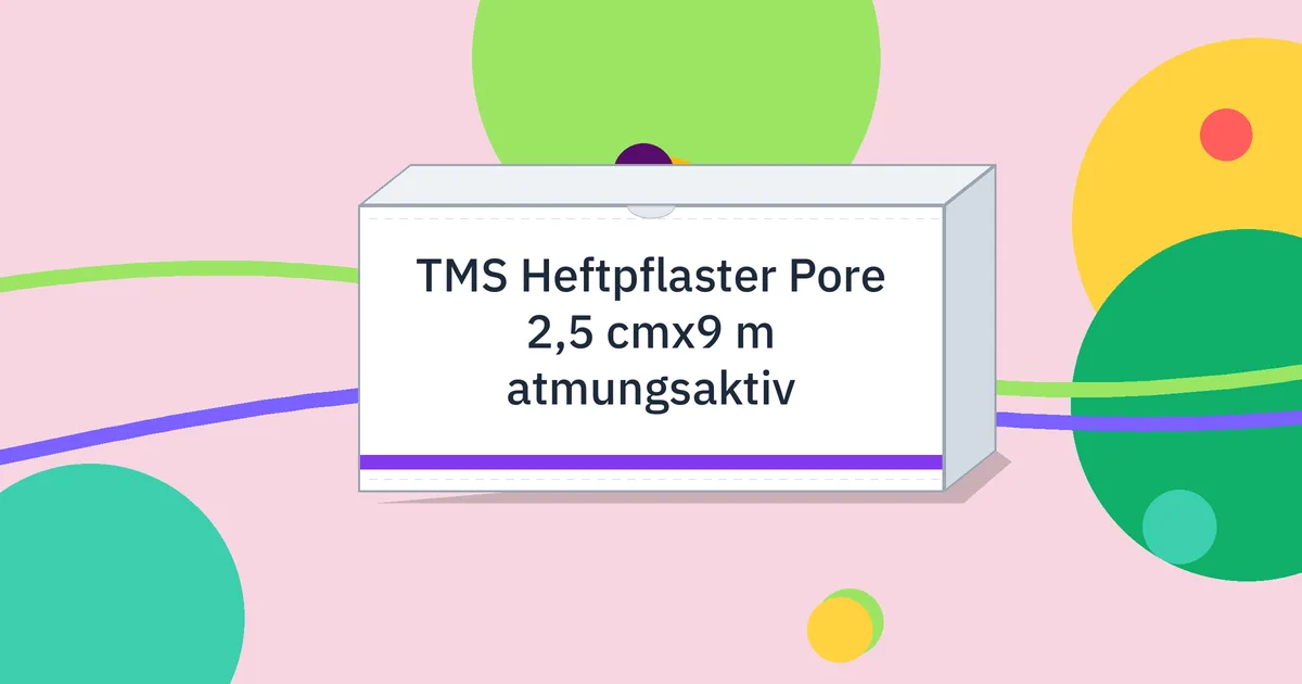 Symbolbild: Packung mit der Aufschrift TMS Heftpflaster Pore 2,5 cmx9 m atmungsaktiv (PZN 18316790) – Verfügbarkeit und Bezug in Apotheken in Frankfurt am Main