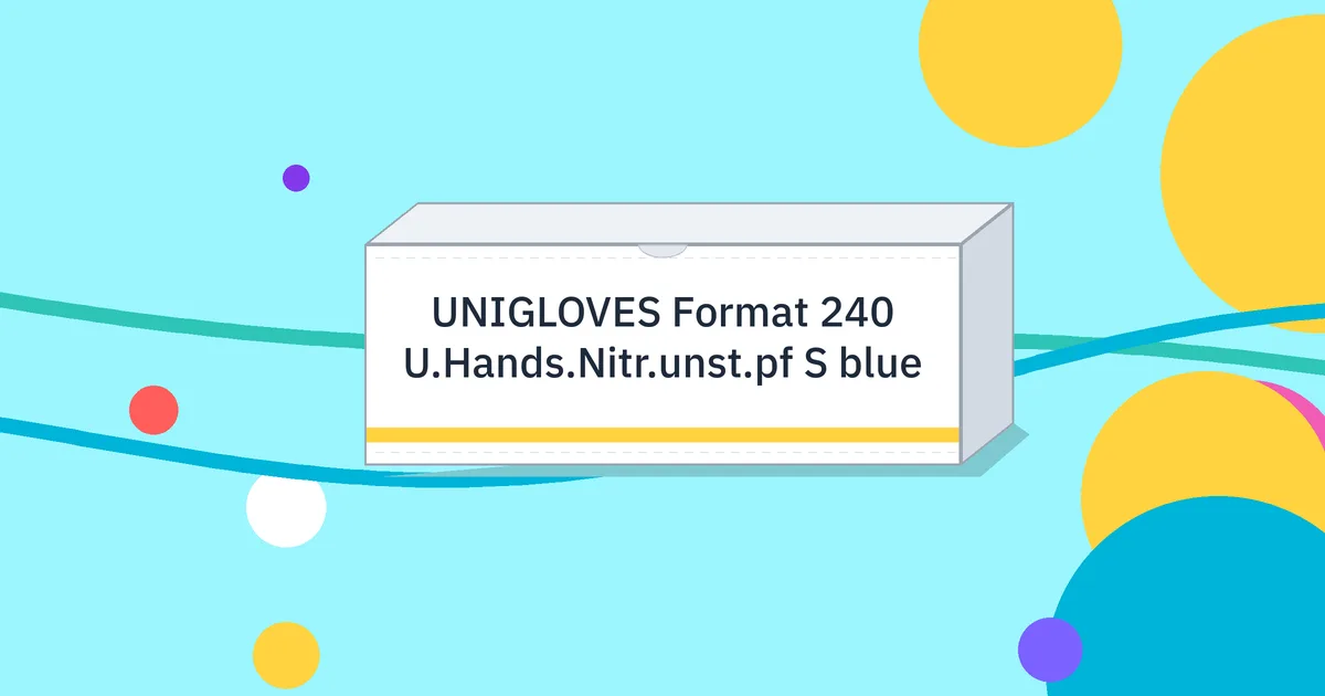Symbolbild: Packung mit der Aufschrift UNIGLOVES Format 240 U.Hands.Nitr.unst.pf S blue (PZN 18101983) – Verfügbarkeit und Bezug in Apotheken in Frankfurt am Main