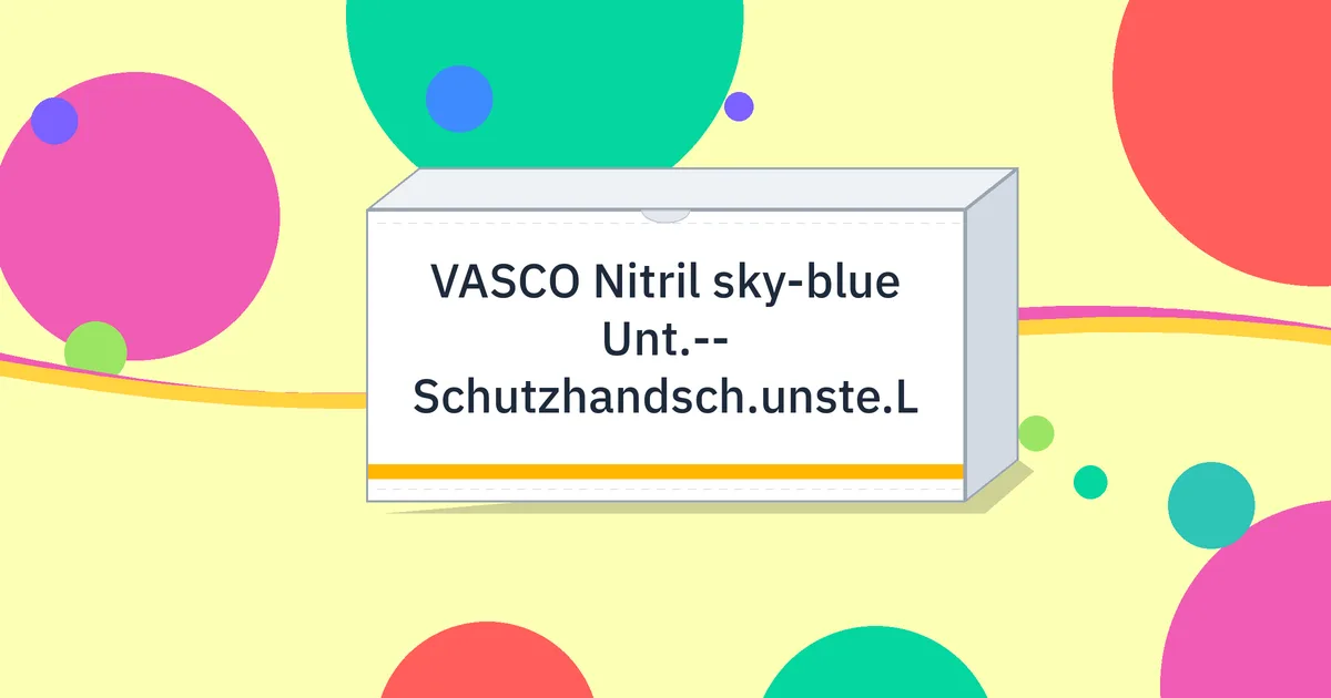 Symbolbild: Packung mit der Aufschrift VASCO Nitril sky-blue Unt.--Schutzhandsch.unste.L (PZN 18713982) – Verfügbarkeit und Bezug in Apotheken in Frankfurt am Main