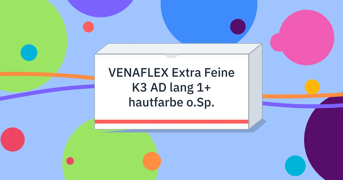 Symbolbild: Packung mit der Aufschrift VENAFLEX Extra Feine K3 AD lang 1+ hautfarbe o.Sp. (PZN 18307957) – Verfügbarkeit und Bezug in Apotheken in Frankfurt am Main