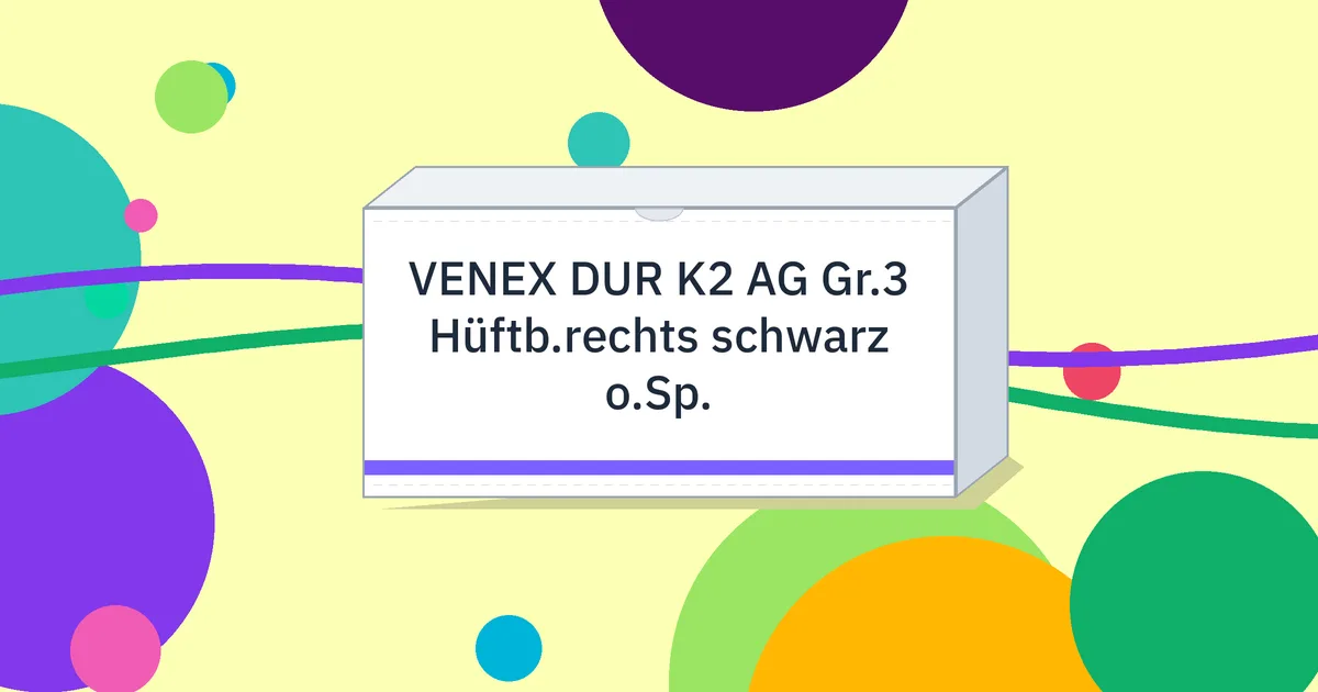 Symbolbild: Packung mit der Aufschrift VENEX DUR K2 AG Gr.3 Hüftb.rechts schwarz o.Sp. (PZN 03233035) – Verfügbarkeit und Bezug in Apotheken in Frankfurt am Main
