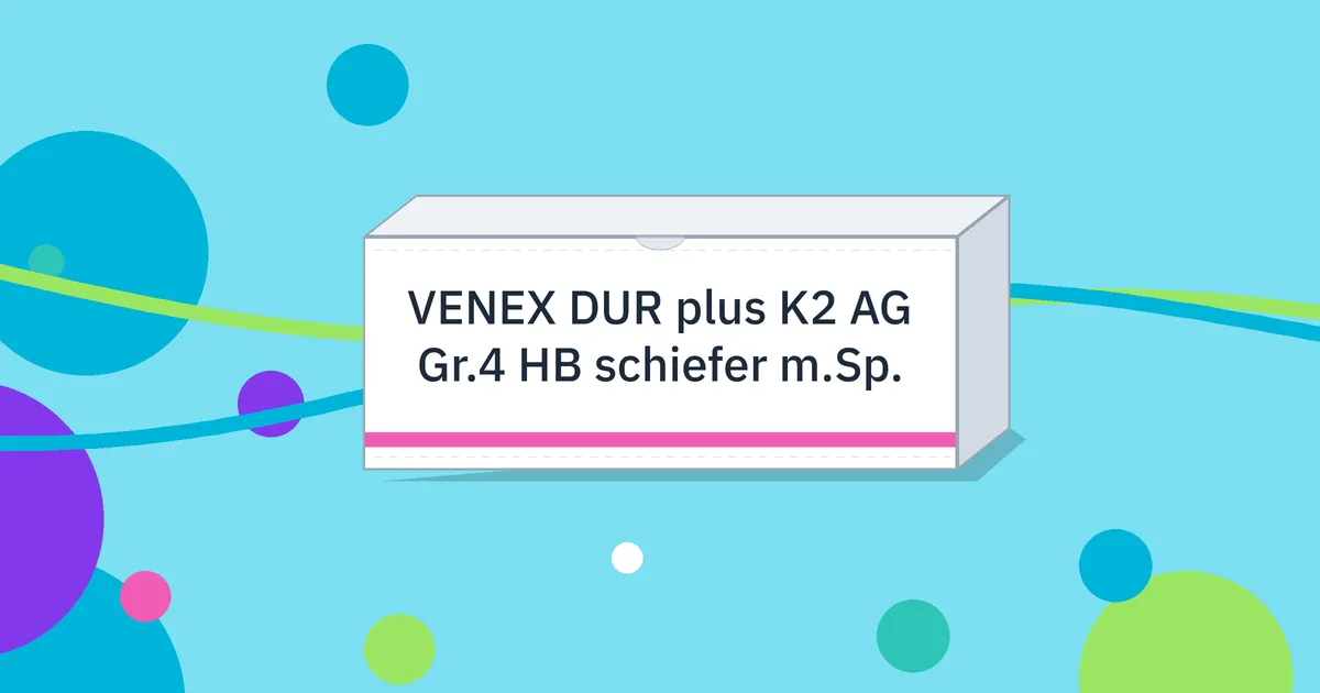 Symbolbild: Packung mit der Aufschrift VENEX DUR plus K2 AG Gr.4 HB schiefer m.Sp. (PZN 03236683) – Verfügbarkeit und Bezug in Apotheken in Frankfurt am Main