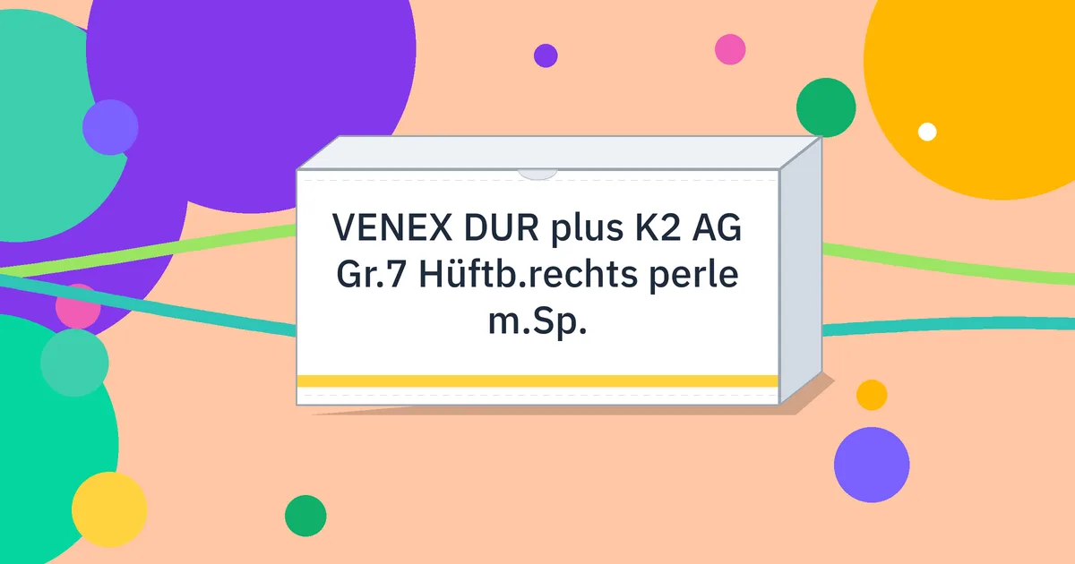 Symbolbild: Packung mit der Aufschrift VENEX DUR plus K2 AG Gr.7 Hüftb.rechts perle m.Sp. (PZN 03239434) – Verfügbarkeit und Bezug in Apotheken in Frankfurt am Main