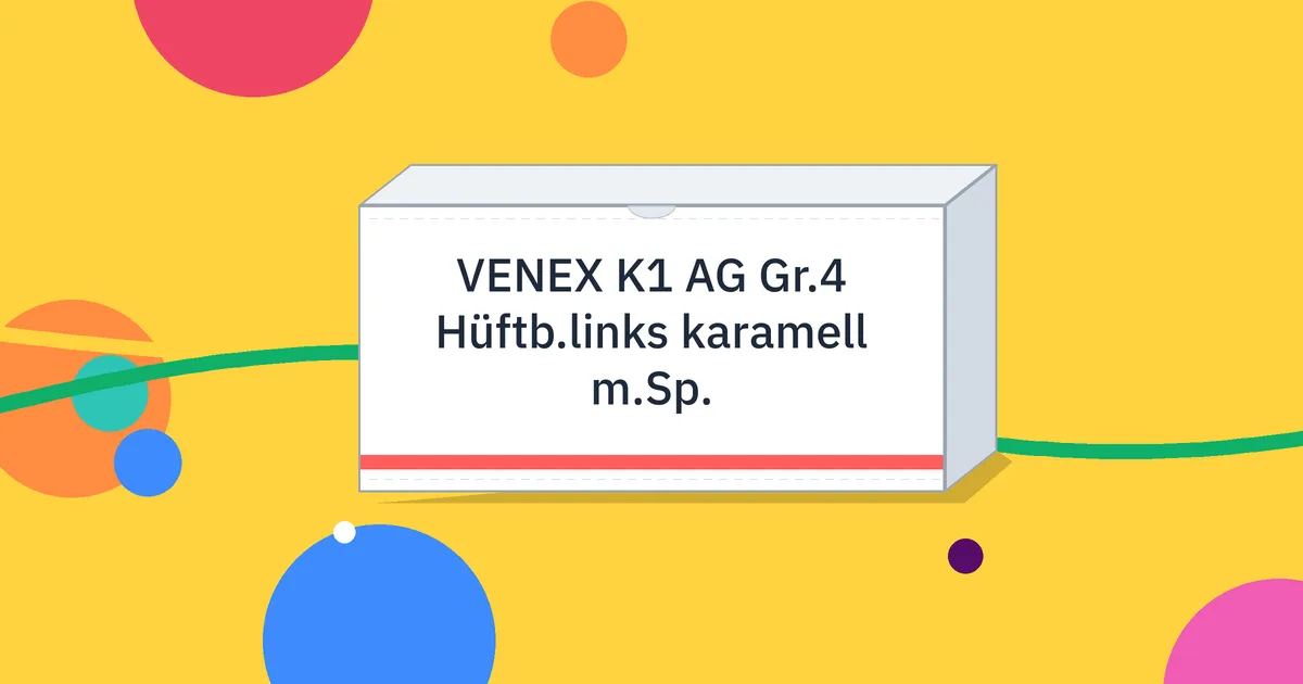 Symbolbild: Packung mit der Aufschrift VENEX K1 AG Gr.4 Hüftb.links karamell m.Sp. (PZN 13760942) – Verfügbarkeit und Bezug in Apotheken in Frankfurt am Main