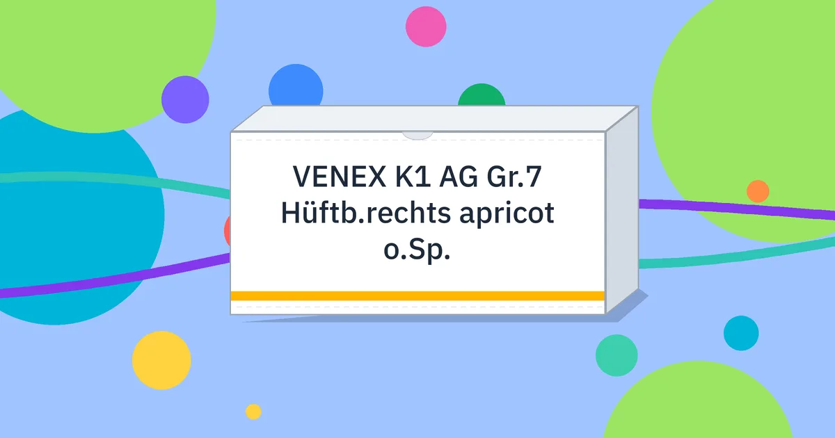 Symbolbild: Packung mit der Aufschrift VENEX K1 AG Gr.7 Hüftb.rechts apricot o.Sp. (PZN 03207658) – Verfügbarkeit und Bezug in Apotheken in Frankfurt am Main