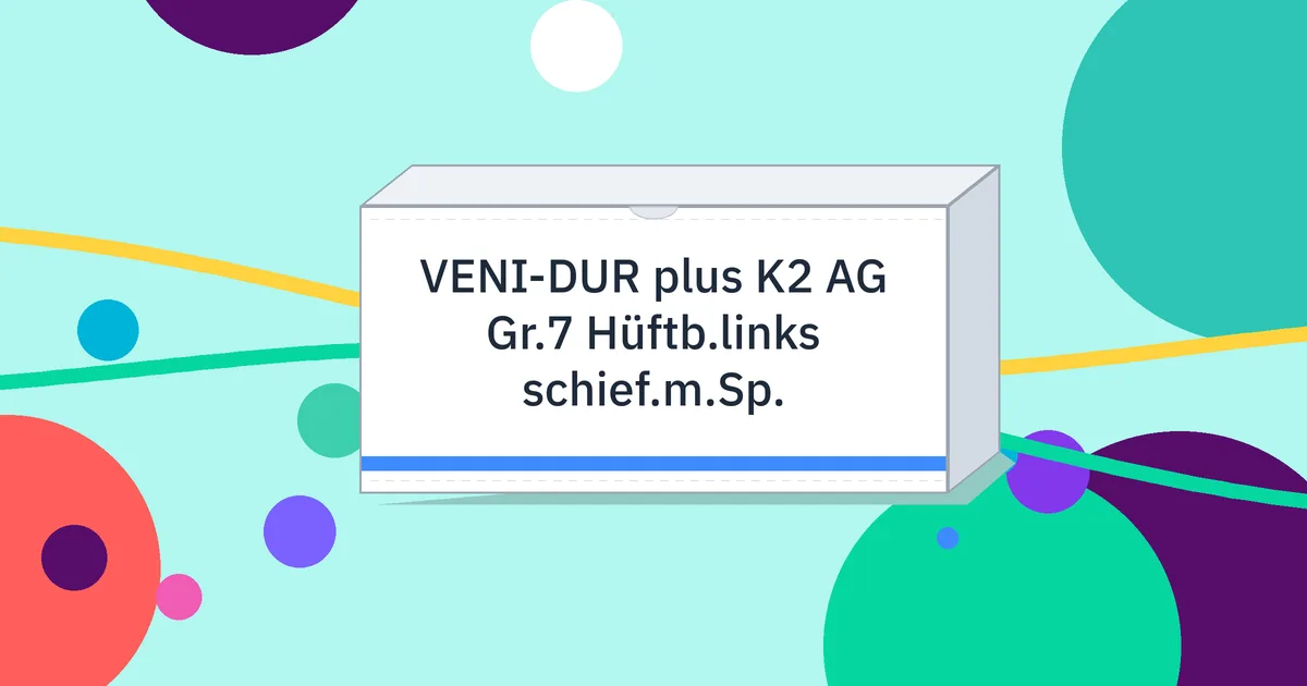 Symbolbild: Packung mit der Aufschrift VENI-DUR plus K2 AG Gr.7 Hüftb.links schief.m.Sp. (PZN 03256792) – Verfügbarkeit und Bezug in Apotheken in Frankfurt am Main